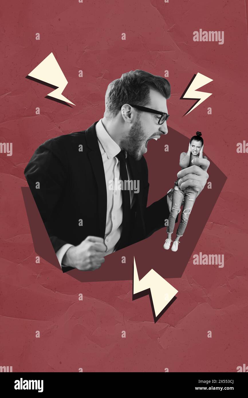 Composite photo collage of red color back black white silhouette angry ...