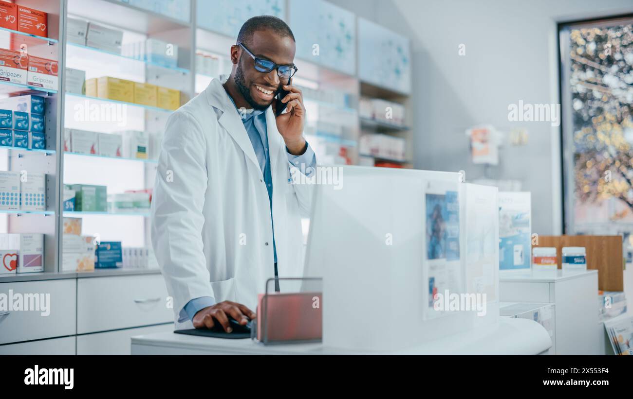 Pharmacy Drugstore Counter: Portrait of Helpful Black Male Pharmacist ...