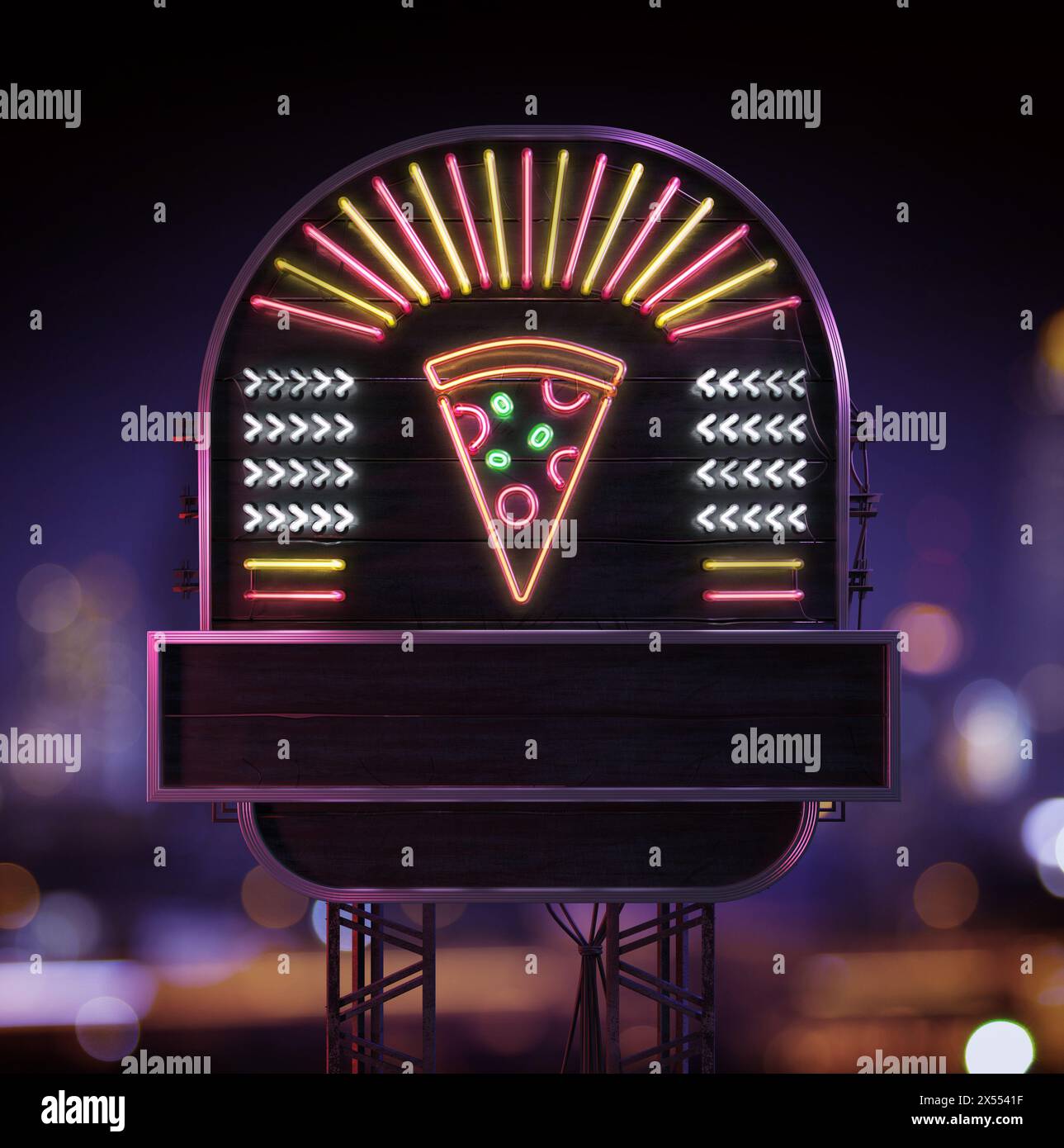 Rooftop sign with neon pizza and plate for text in night city ...