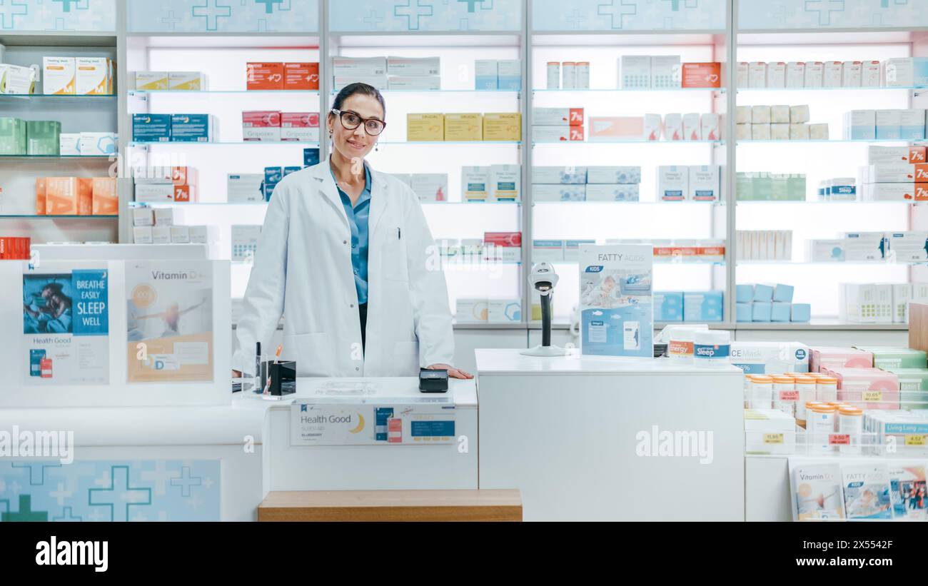 Pharmacy Drugstore: Portrait of Beautiful Caucasian Pharmacist Standing ...