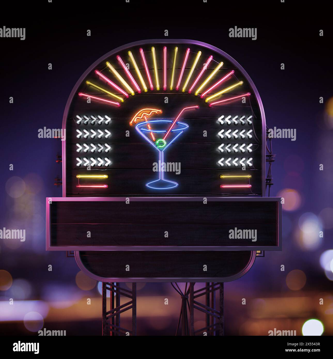Rooftop sign with neon cocktail and plate for text Stock Photo - Alamy