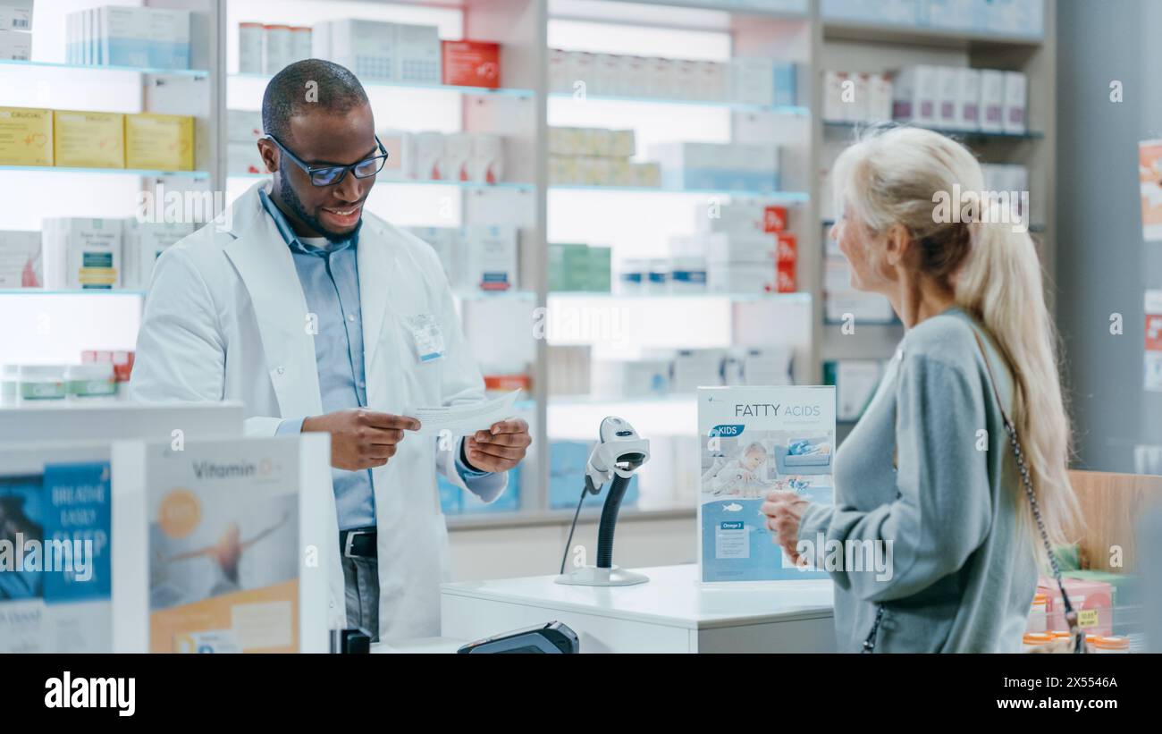 Pharmacy Drugstore Checkout Counter: Black Male Pharmacist Explains Use ...