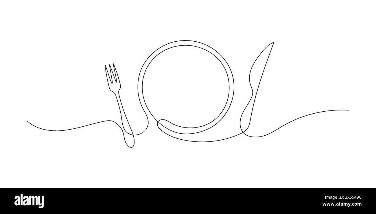 Line drawing of a fork, knife, and plate. A continuous one-line sketch ...