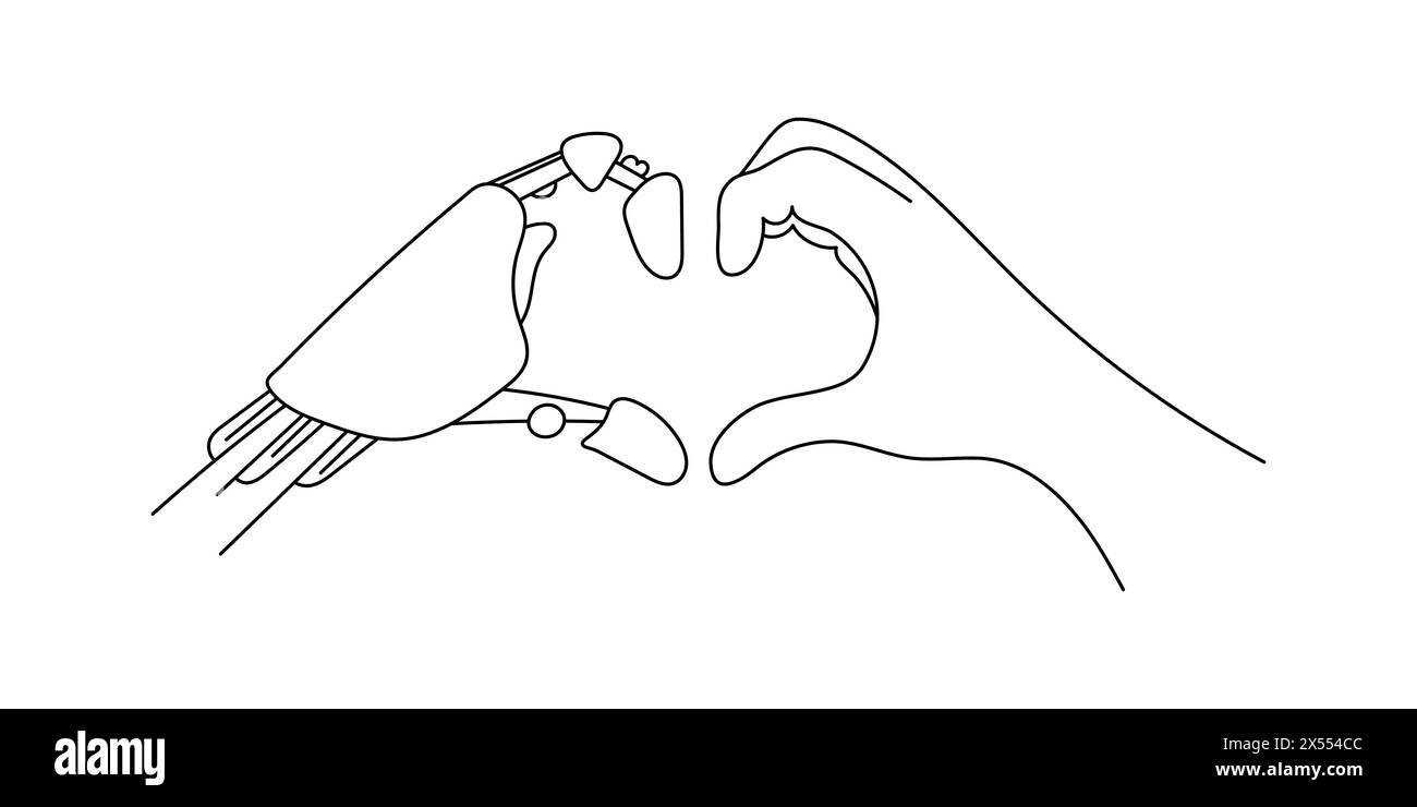 Love sign: robot and human sketch, outline illustration of robot and ...