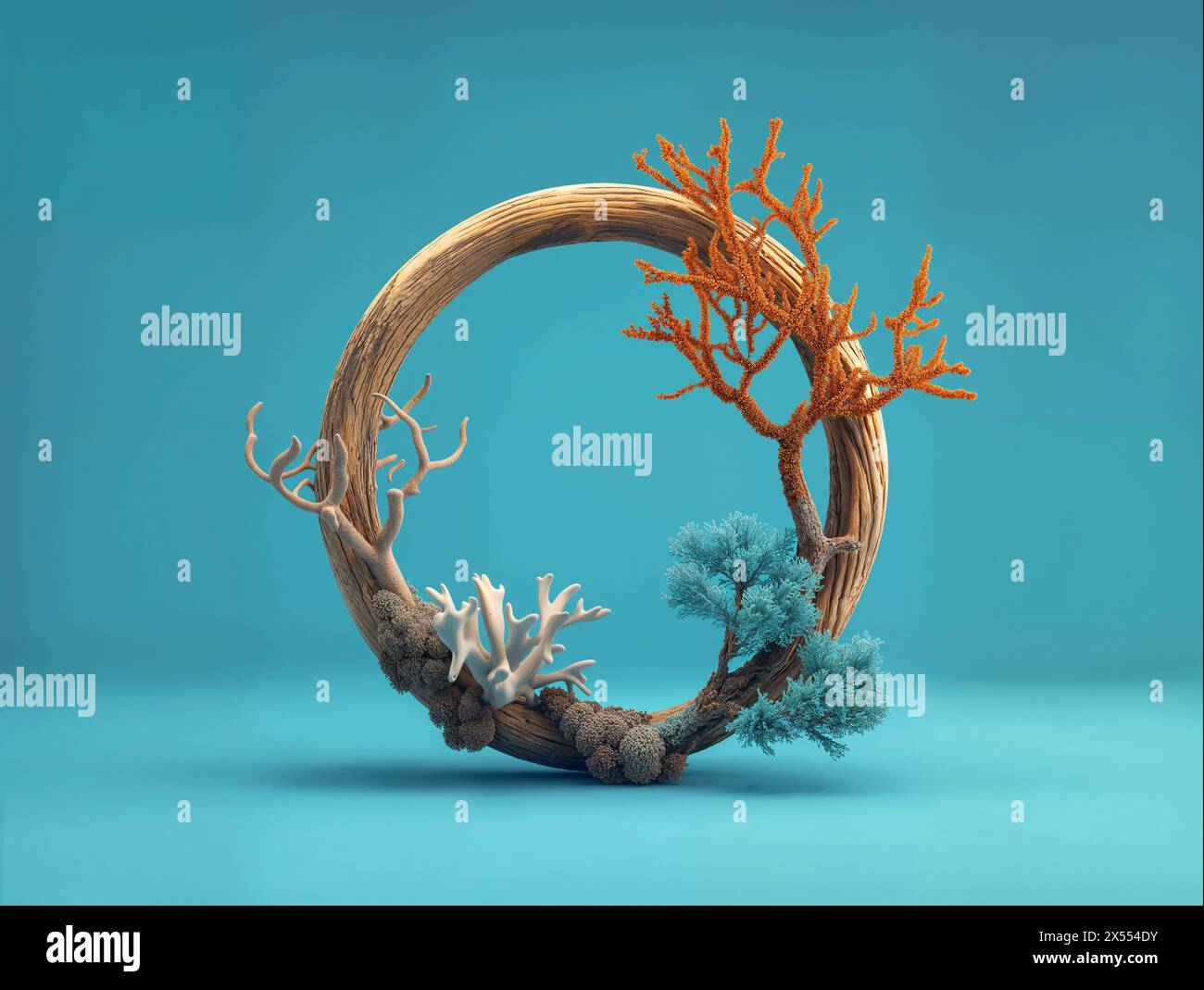 Still life 3d render of circle ocean shape from wood corals and sea ...