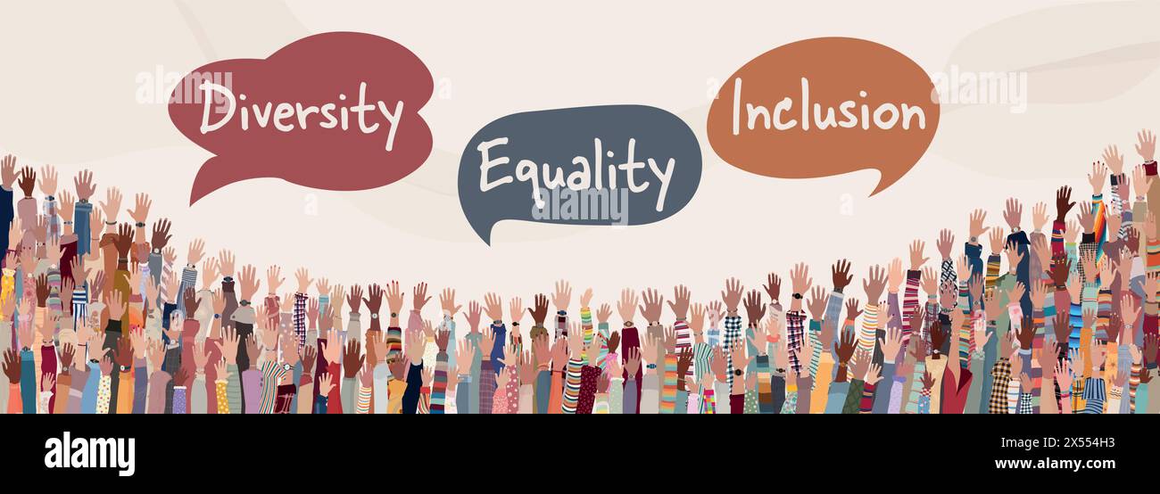 Raised hands of multicultural people from different nations and continents with speech bubbles ...