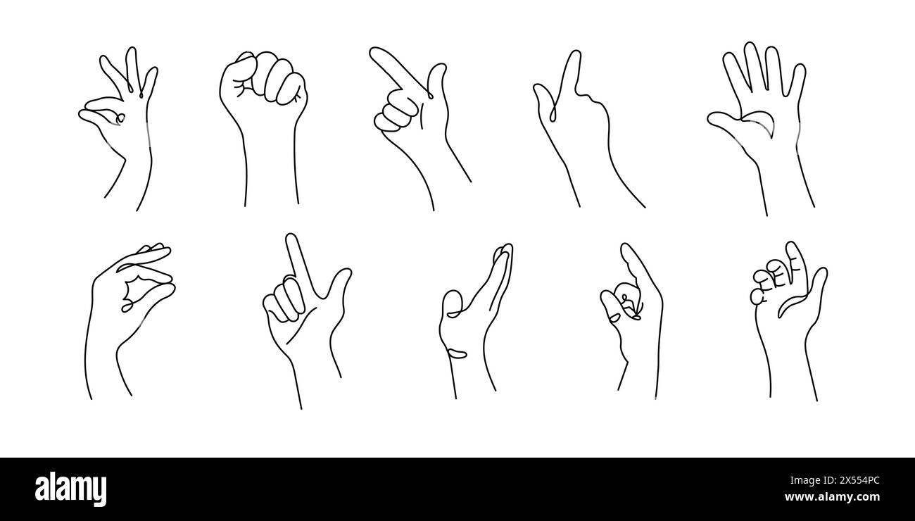 Set of realistic one line gestures. Graphic logo design with black line strokes on a white ...