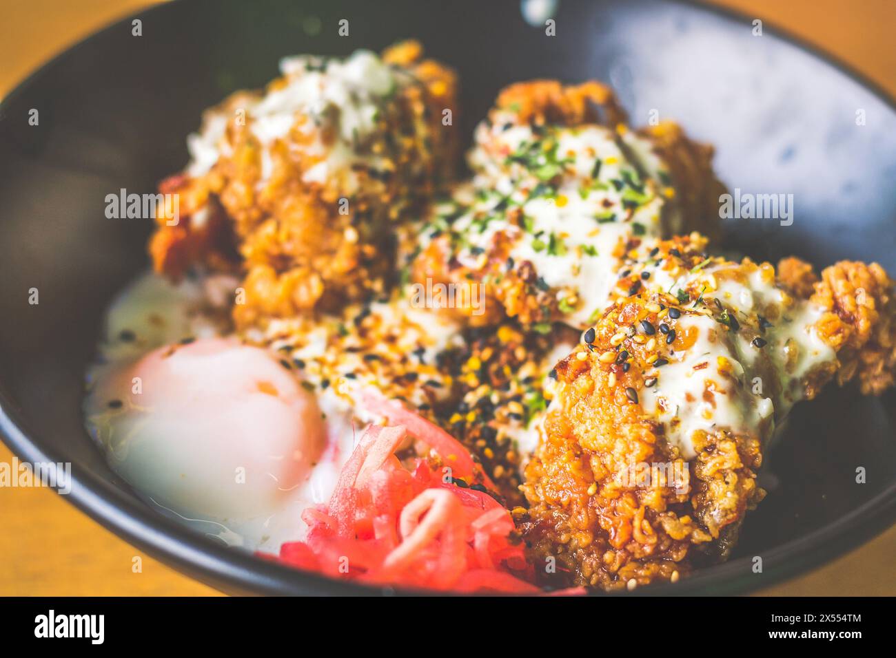 Nanban Chicken Rice Bowl with onsen half boiled egg and pickled ginger ...