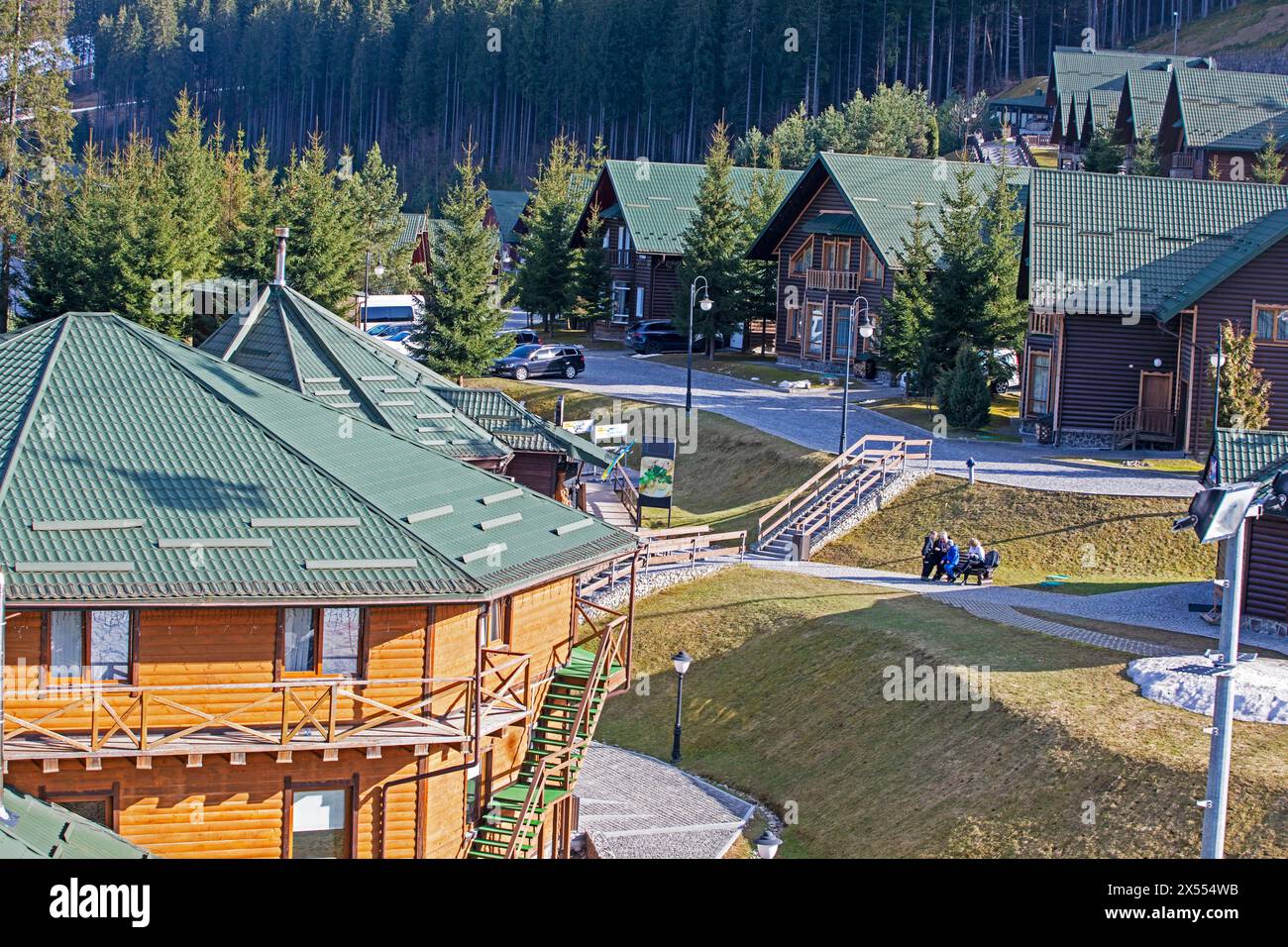 modern building complex in a mountainous area, a ski resort. Landscape ...