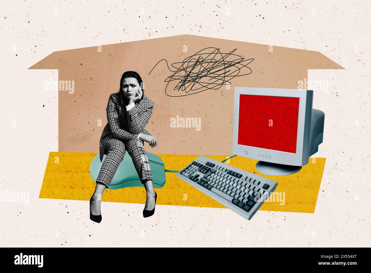 Composite photo collage of sad tired businesswoman remote work home pc ...