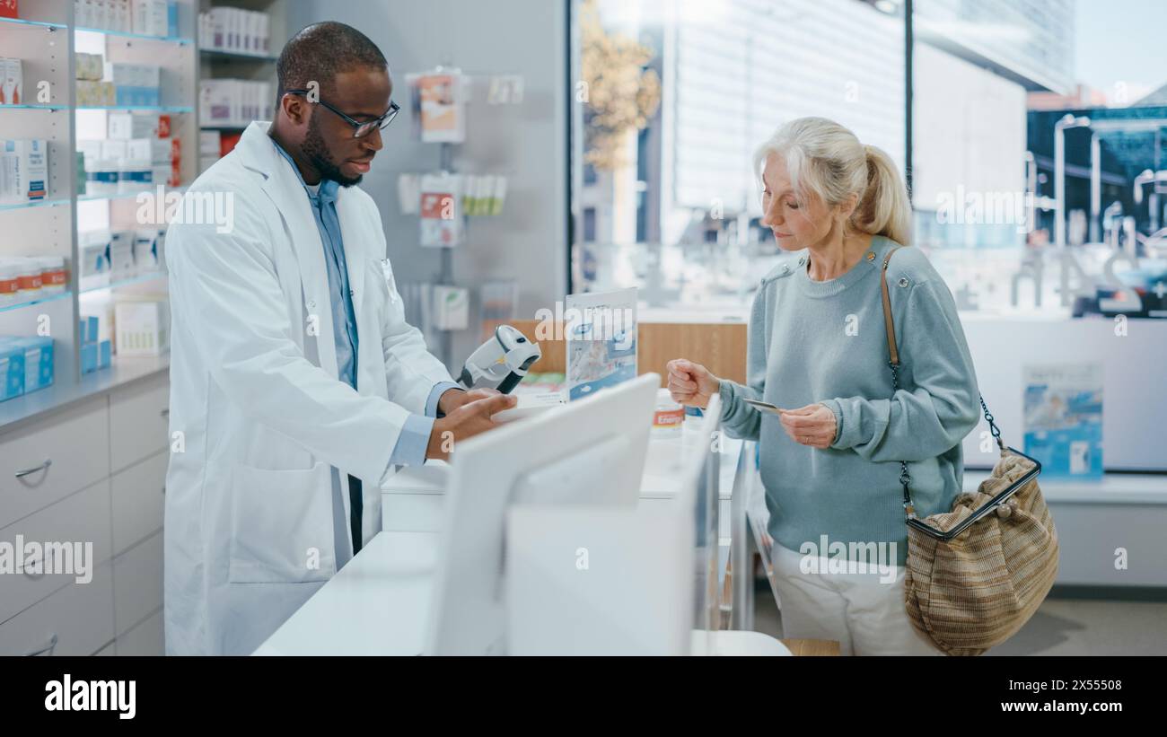Pharmacy Drugstore Checkout Cashier Counter: Black Male Pharmacist ...