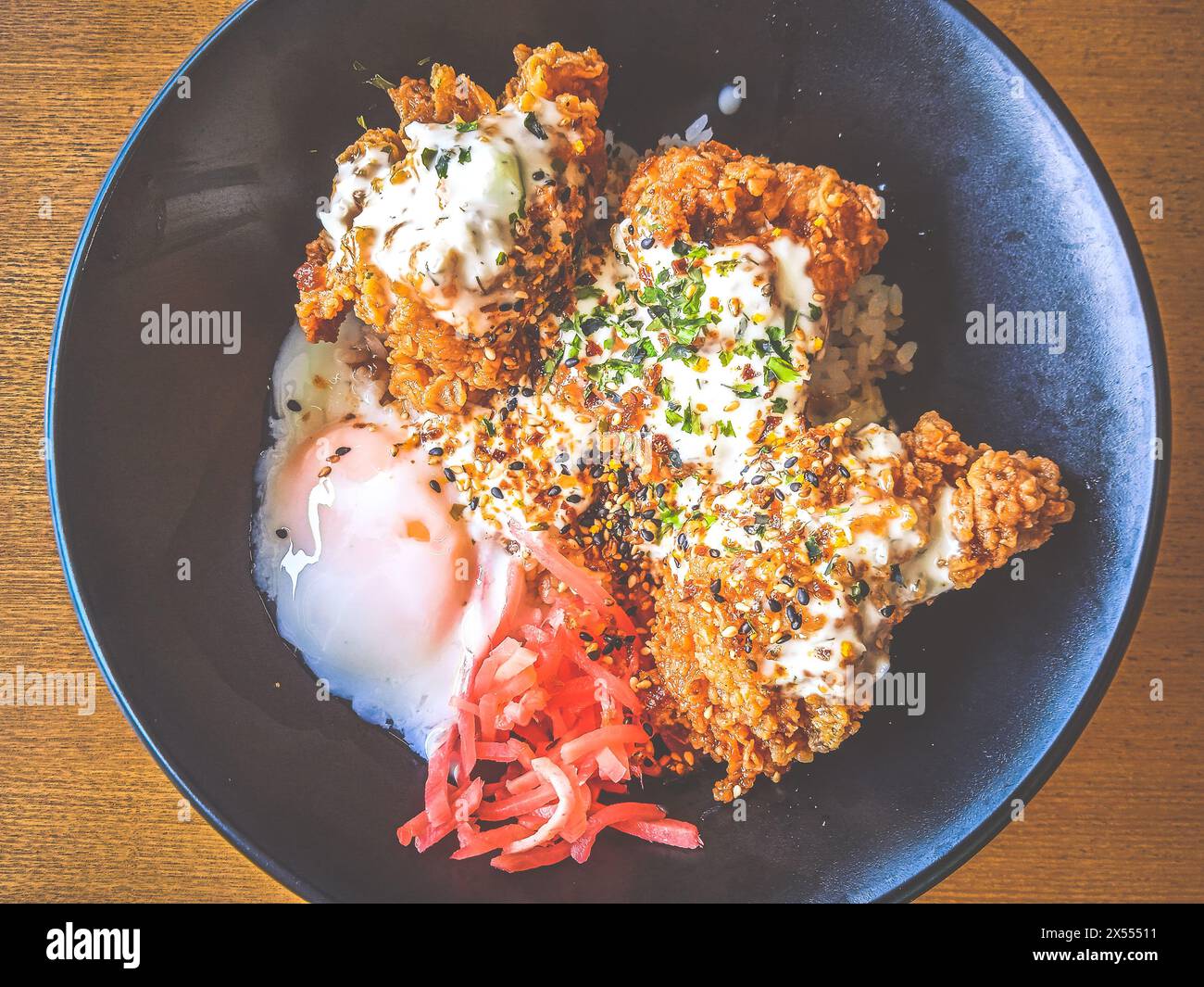 Nanban Chicken Rice Bowl with onsen half boiled egg and pickled ginger ...