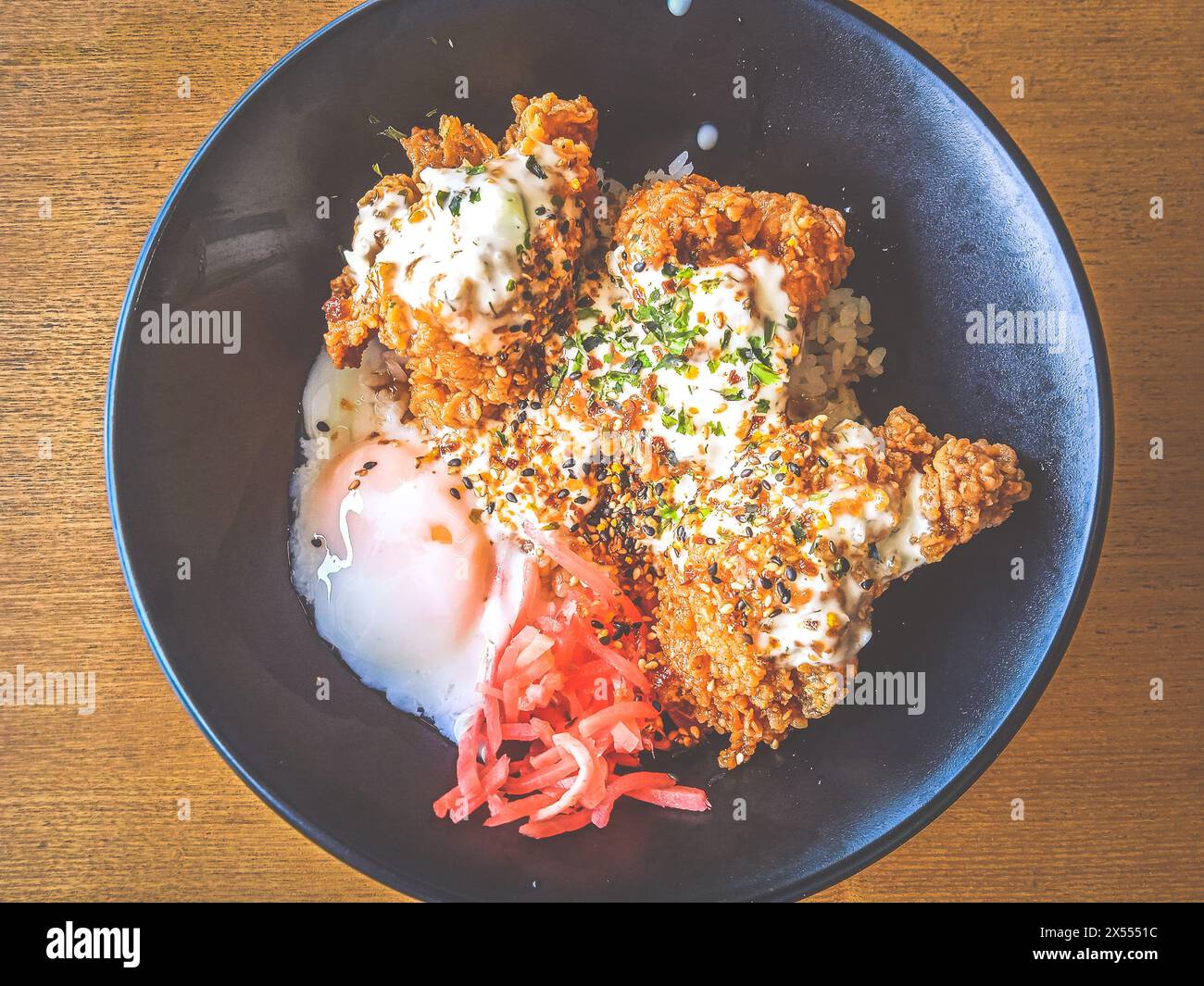 Nanban Chicken Rice Bowl with onsen half boiled egg and pickled ginger Stock Photo - Alamy