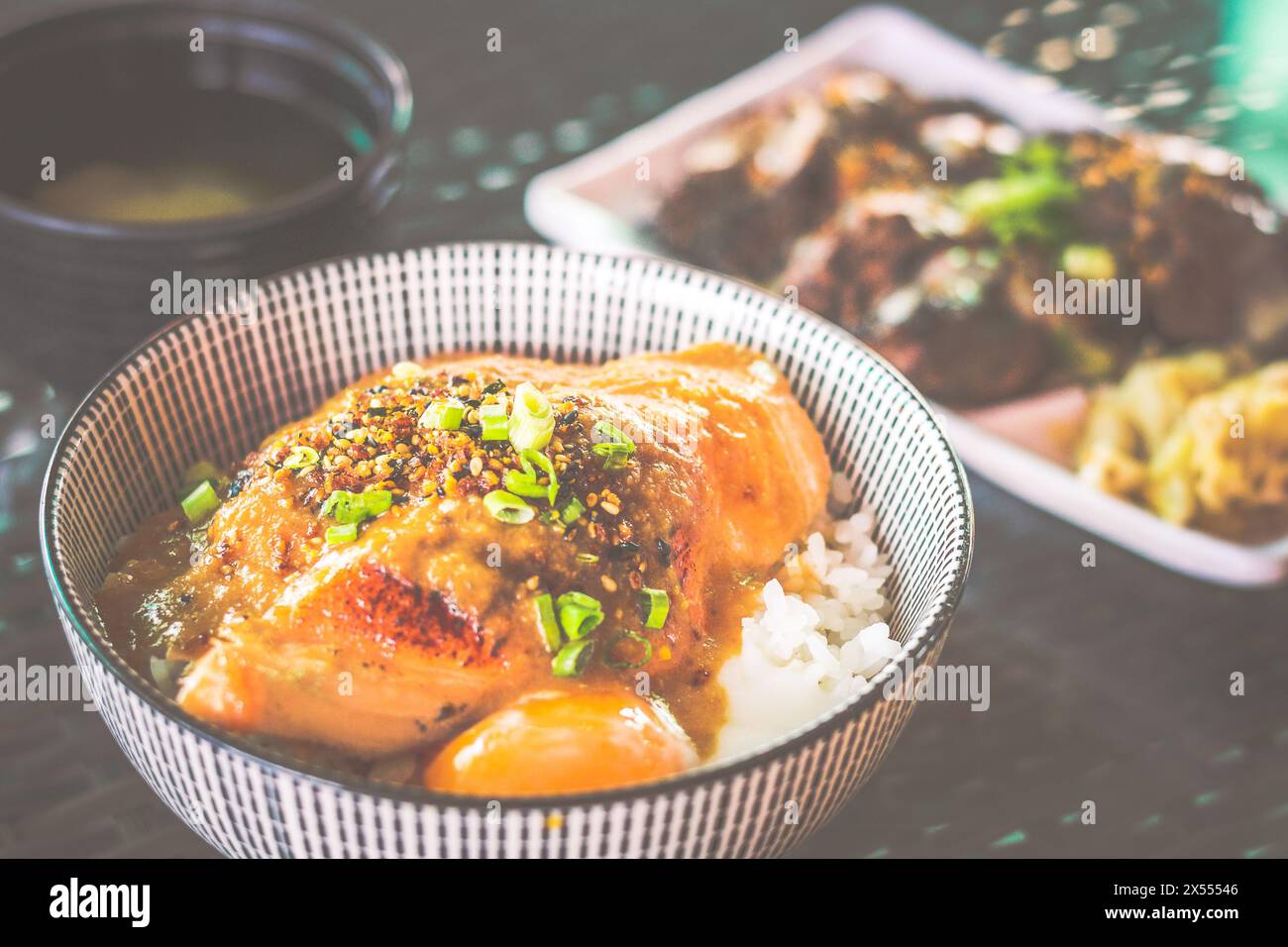 Aburi Grilled Salmon Rice Bowl Spicy Miso Sauce with onsen half boiled ...