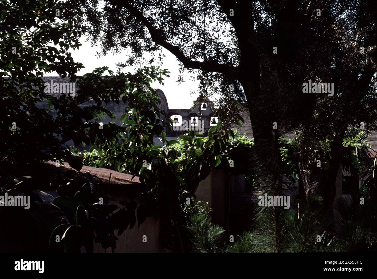 San Gabriel, CA., U.S.A. circa 1981. Mission courtyard, fired red brick ...