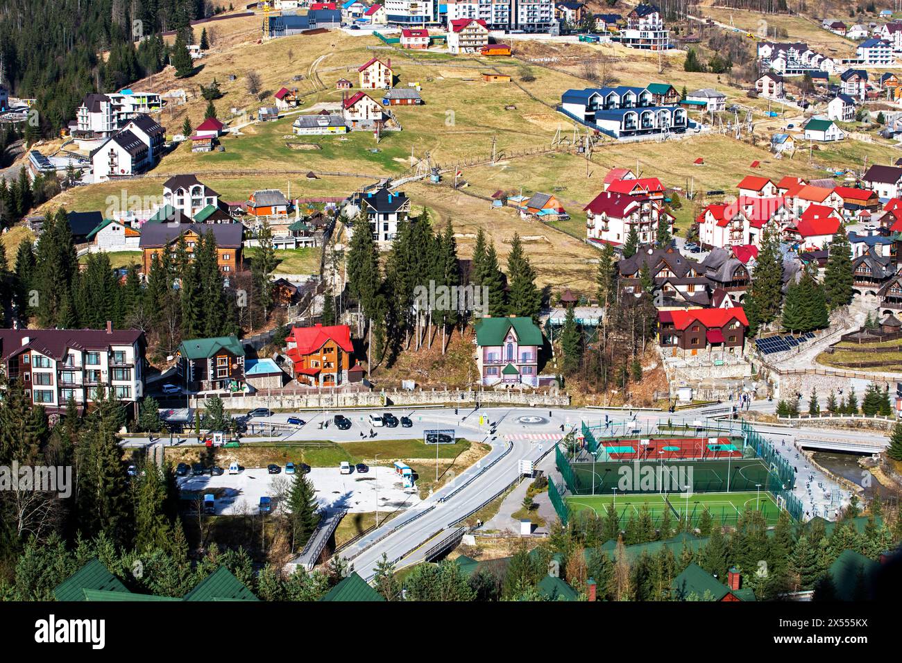 modern building complex in a mountainous area, a ski resort. Landscape ...