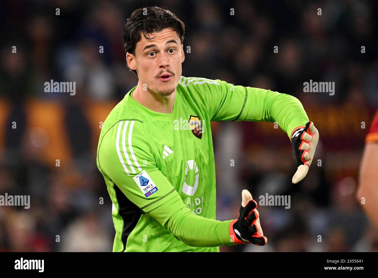 Mile Svilar of AS Roma gestures during the Serie A football match ...