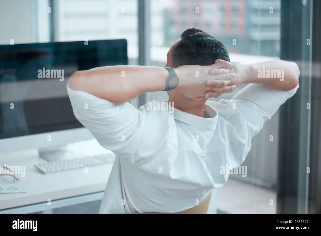 Businessman, relax and desk in office for work with stretch at end of ...