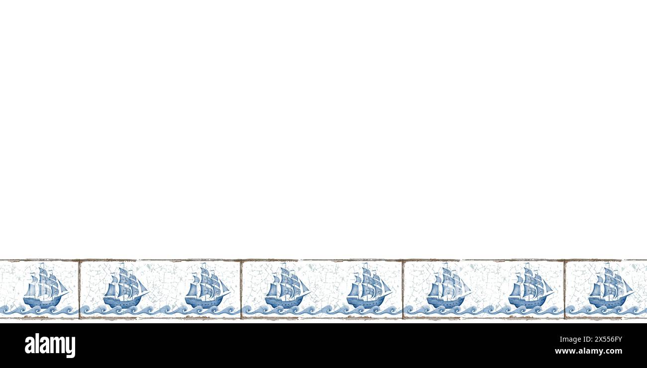 An old sailing ship on stylized waves seamless border on old ceramic ...