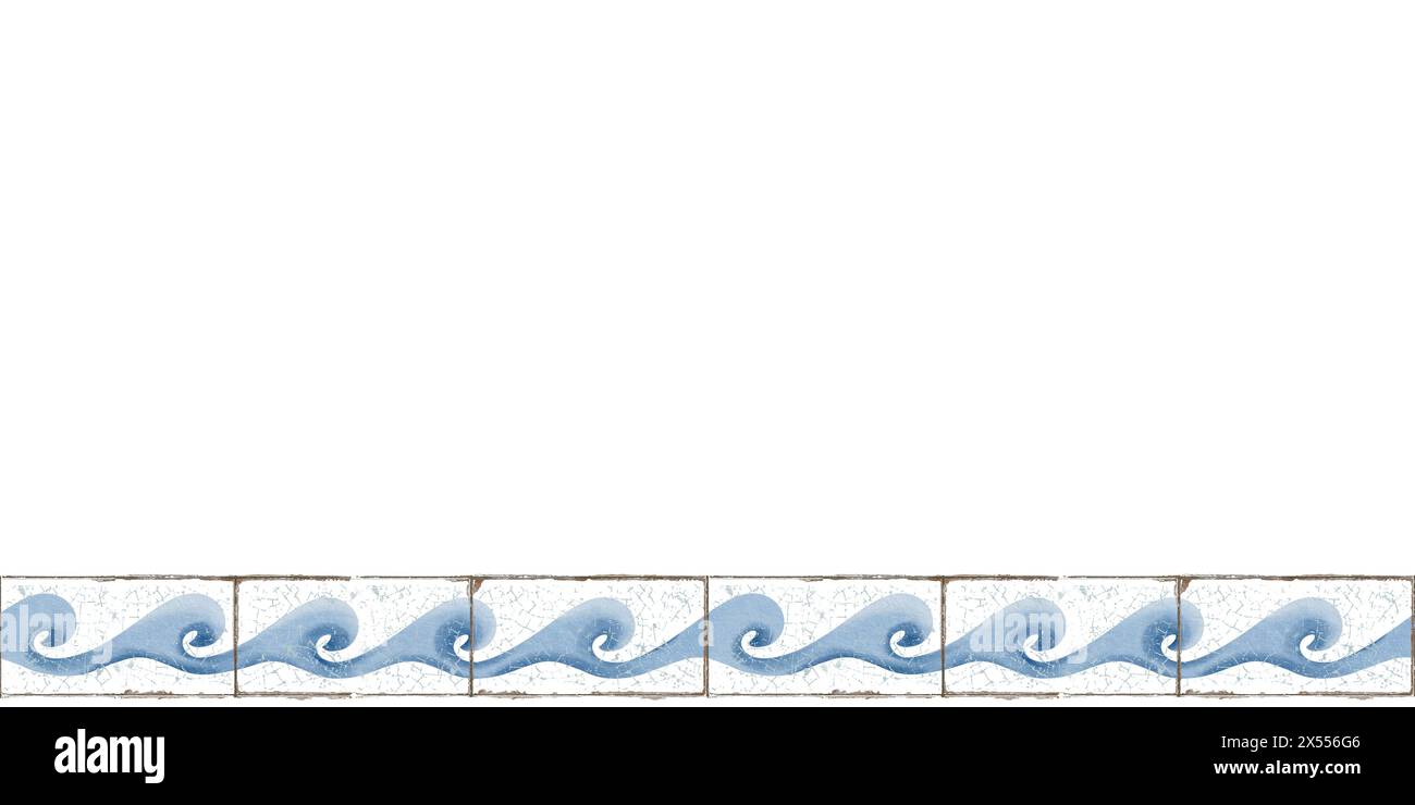 Stylized wave,seamless border on old horizontal old tile.Blue and white ...