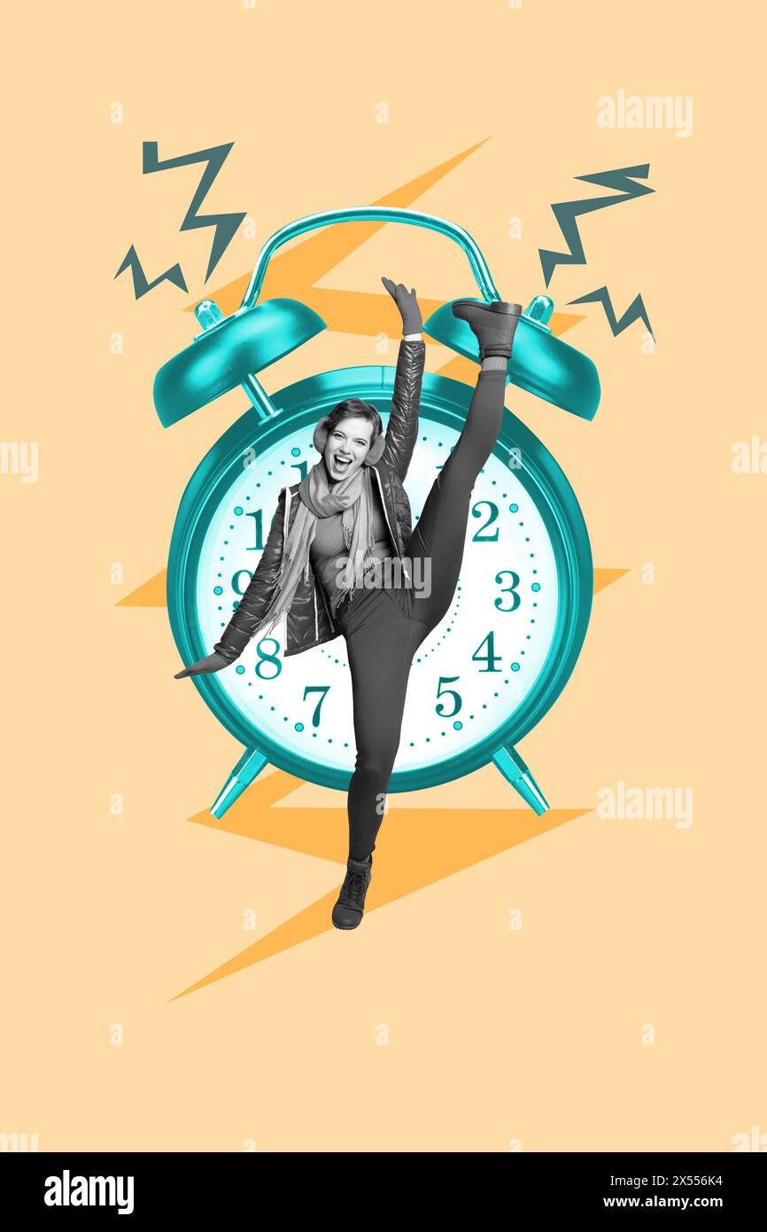 Vertical photo collage of happy girl dance huge alarm clock ring bell ...