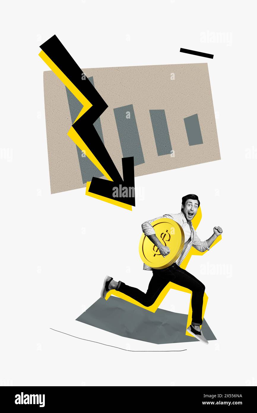 Vertical image picture collage running young man trader economy golden ...