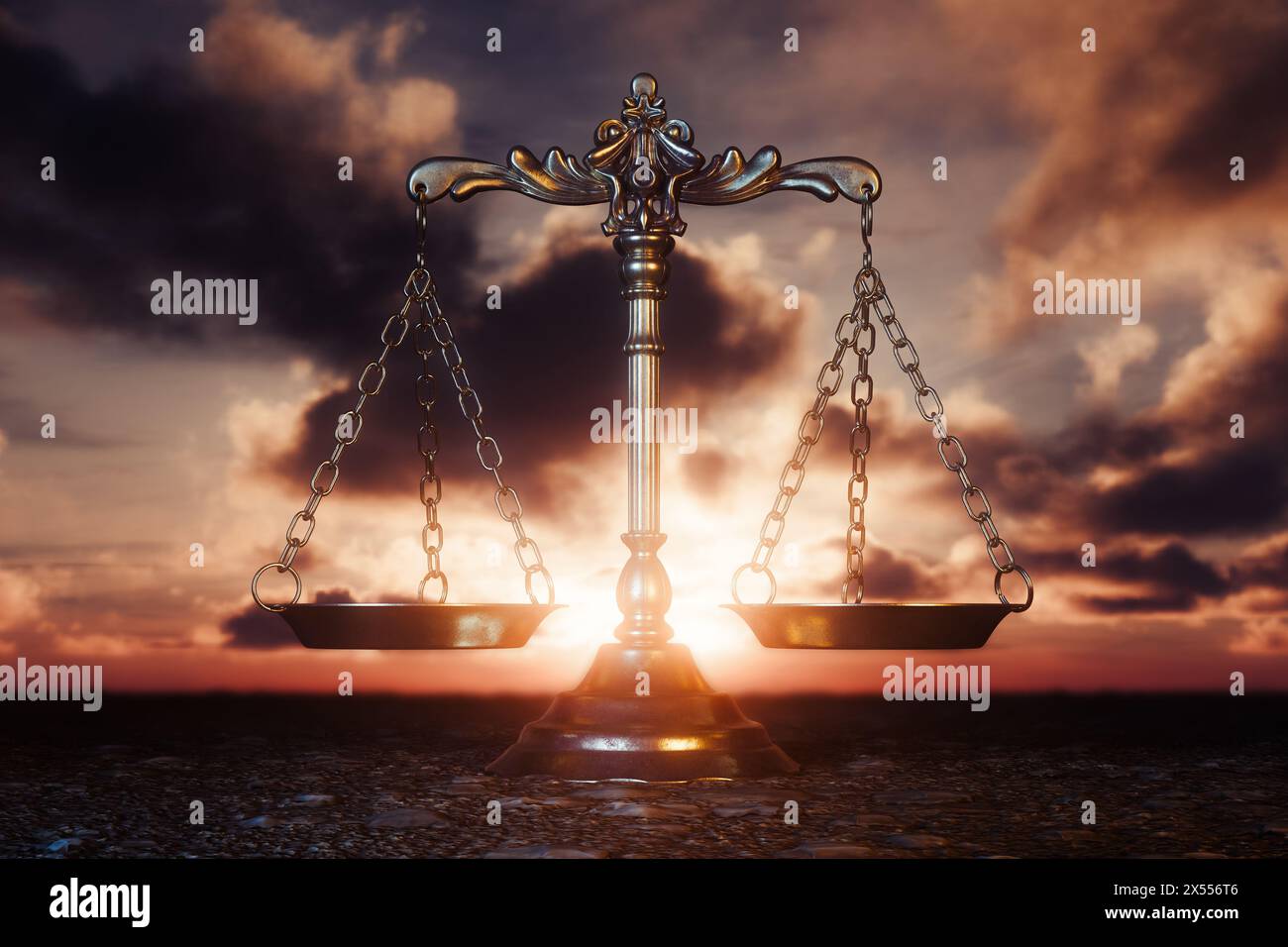 Ornate brass justice scales on a barren landscape background with a ...