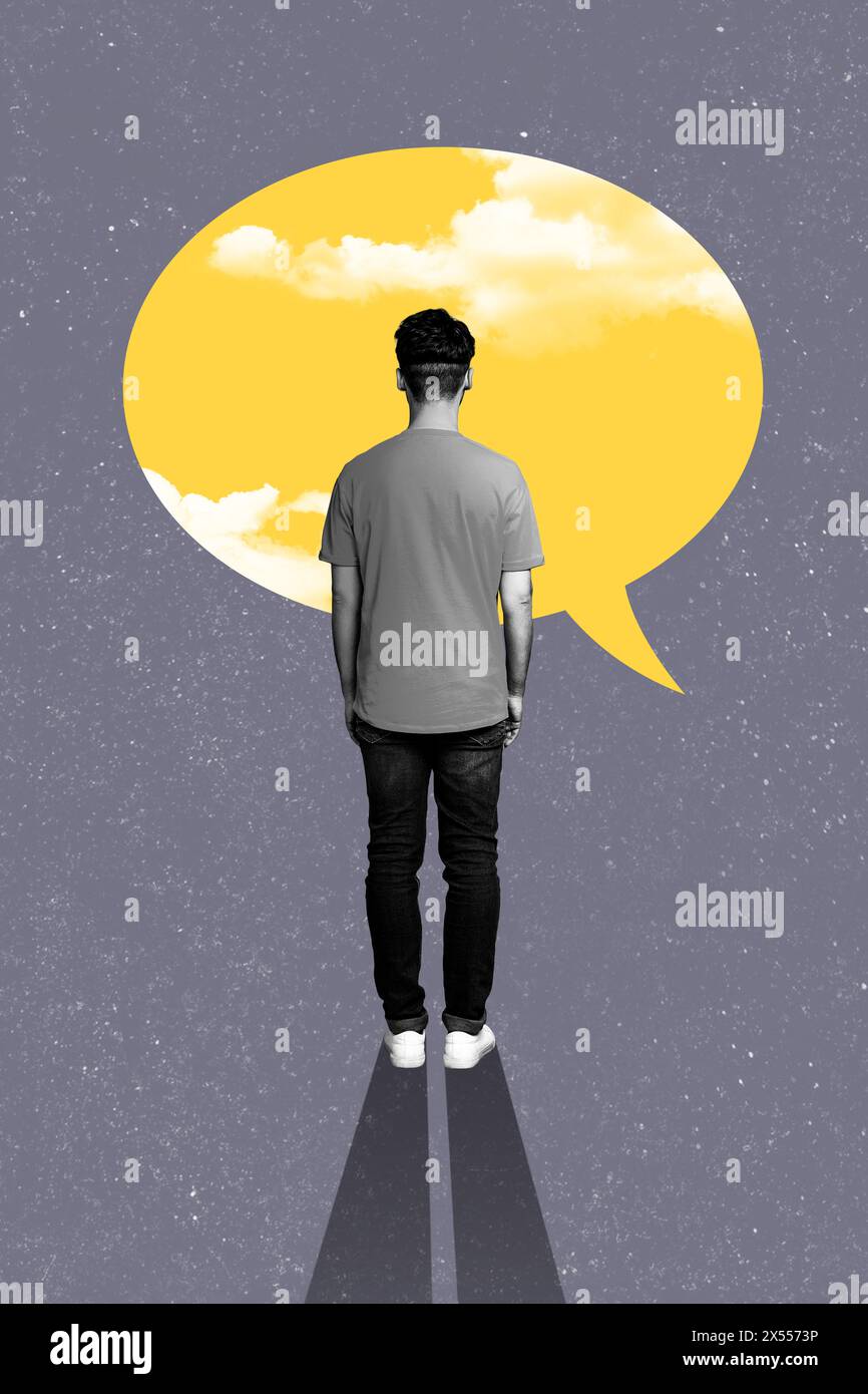 Trend artwork composite photo collage of young man stand back watch ...