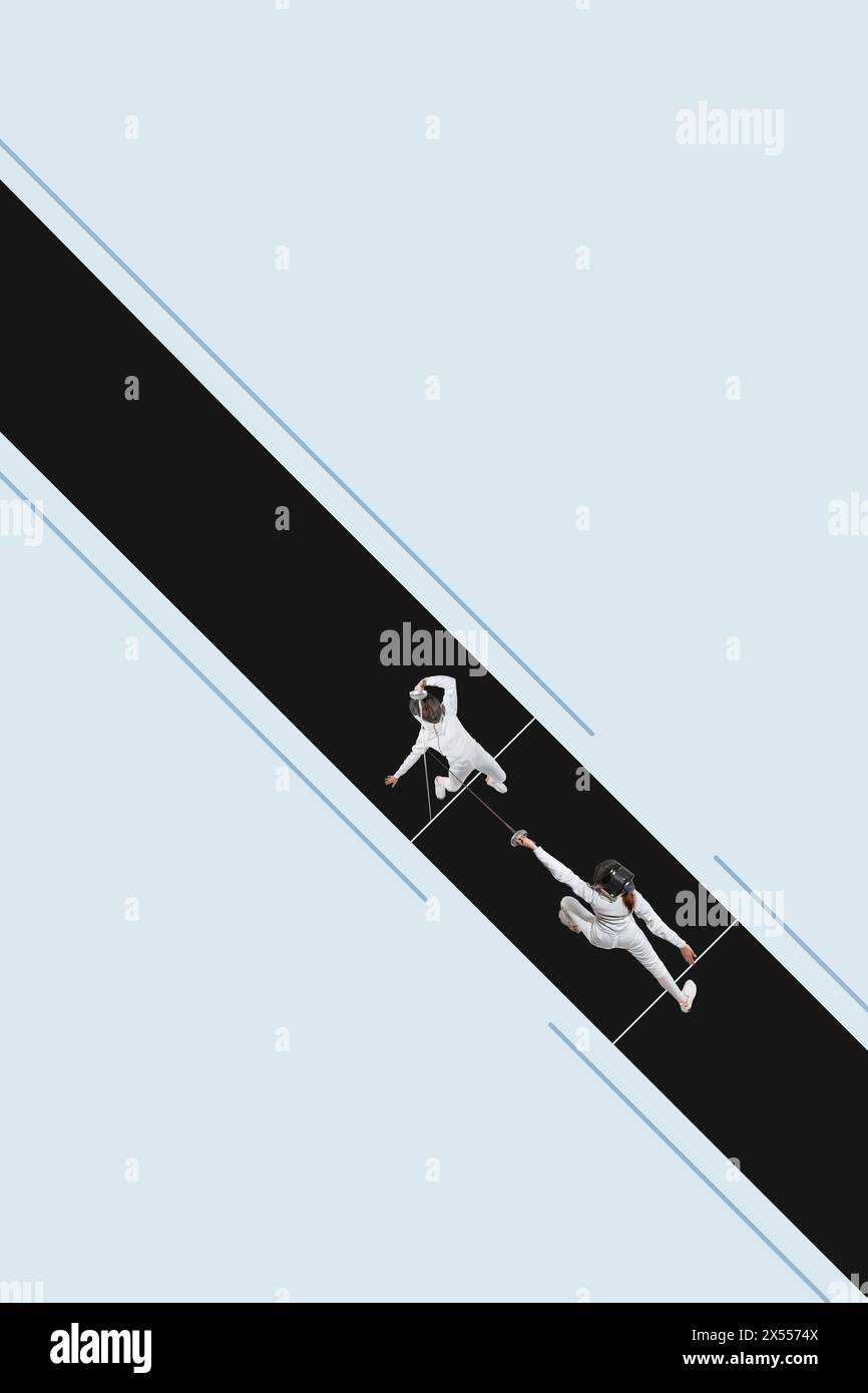 Aerial view on two fencing athletes in full uniform with swords ...