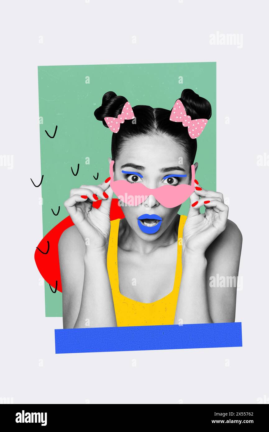 Vertical image collage excited young woman speechless stupor look ...
