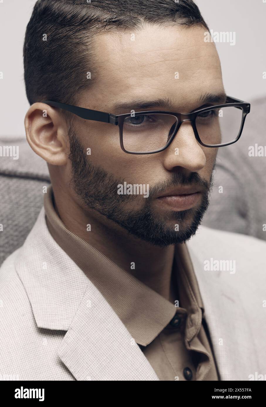 Thinking, business and man with decision, choice and solution for ...