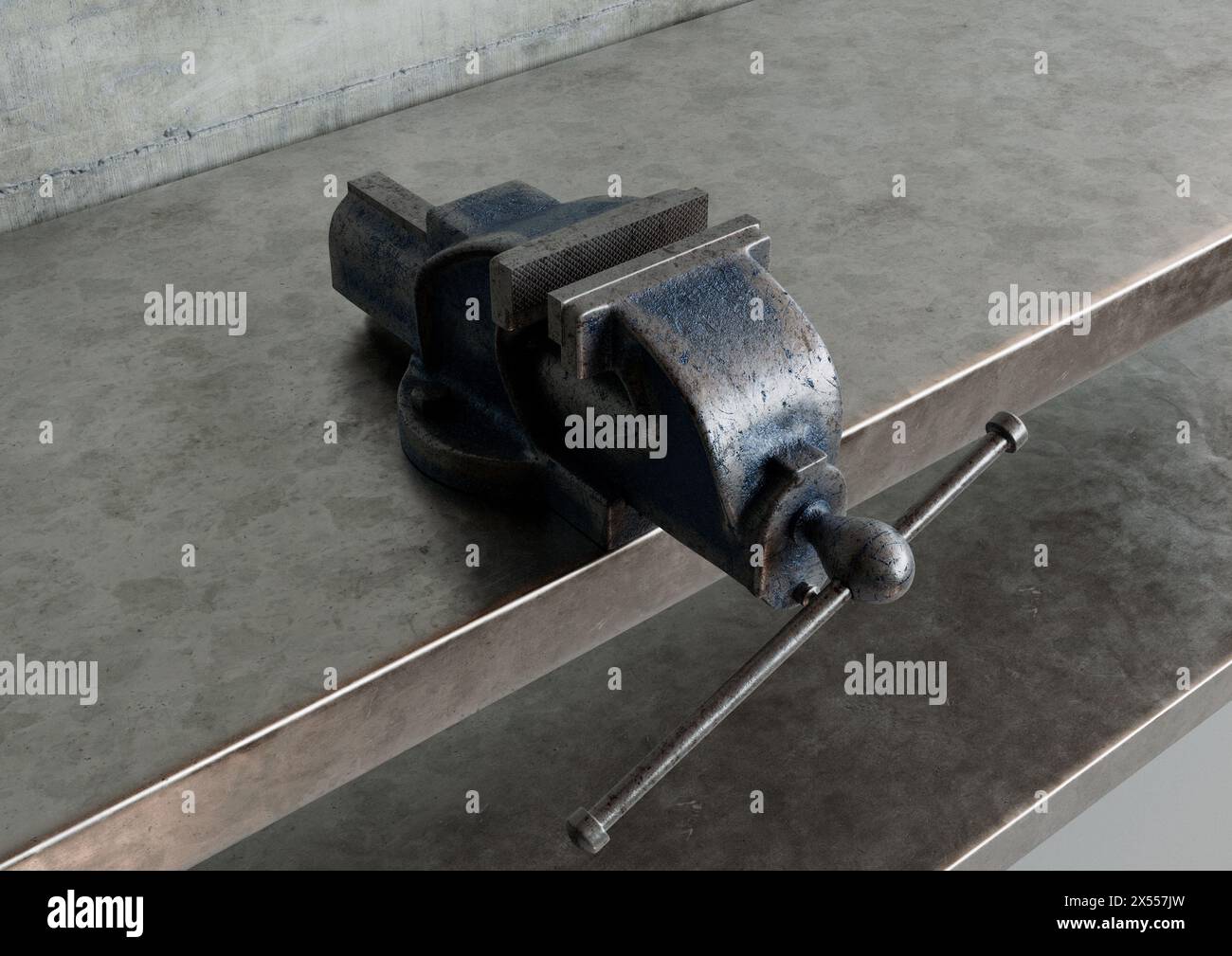 An industrial cast iron bench vice grip mounted on a metal workbench ...