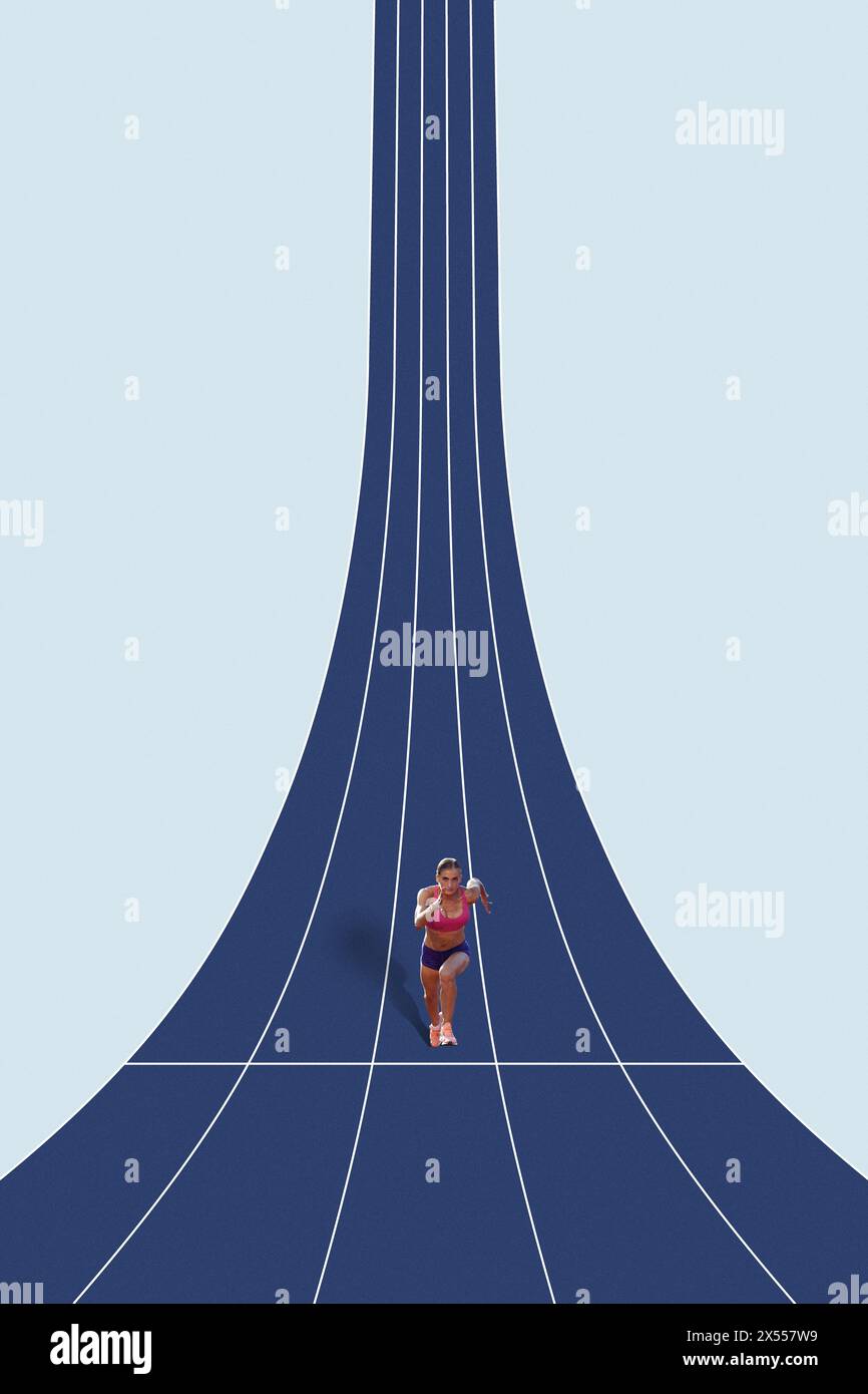 Concentrated, focused and competitive woman, running athlete in motion ...
