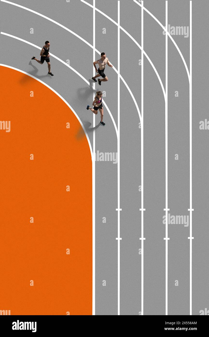 Aerial view on stadium with three young people, athletes in motion ...