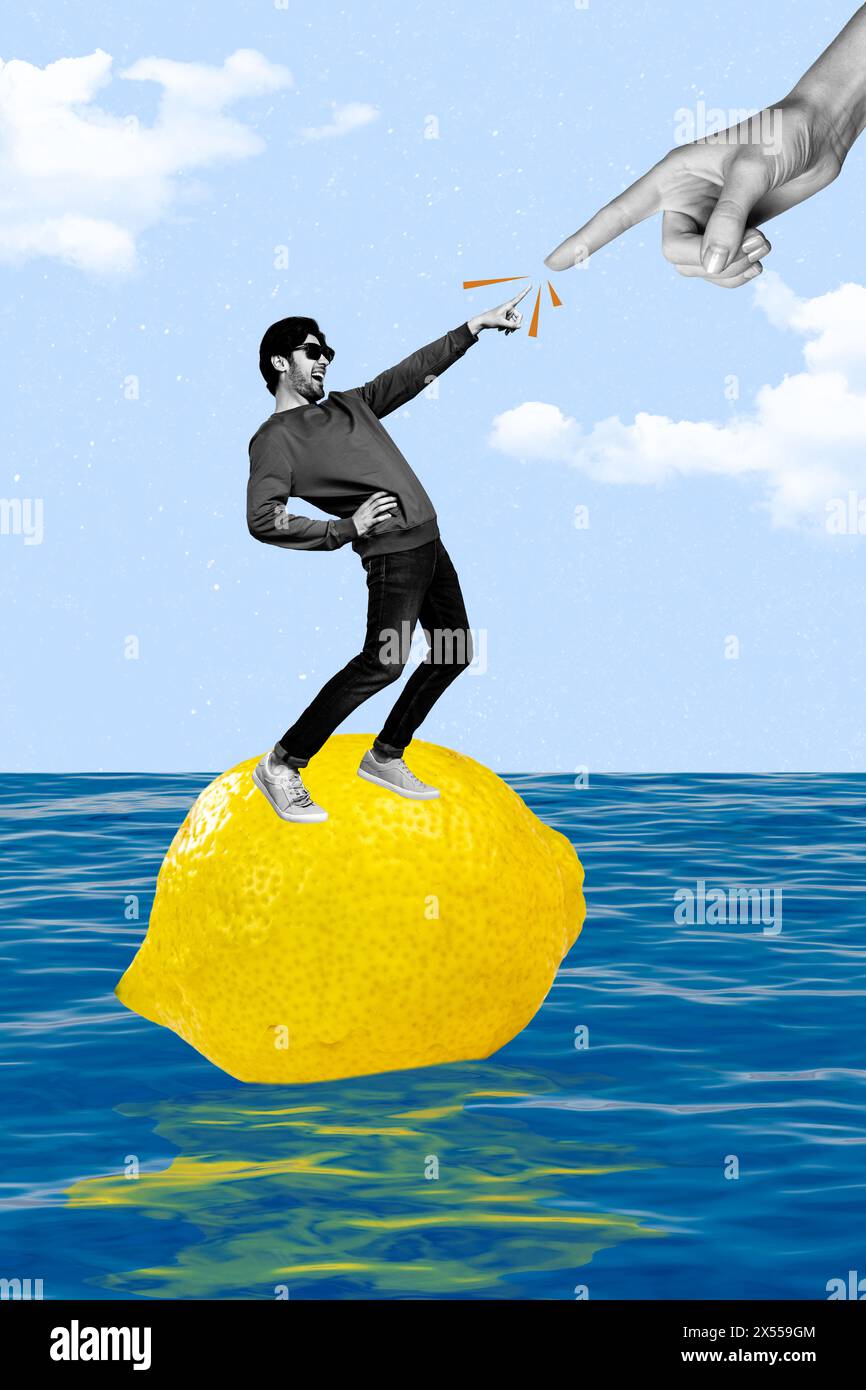 Vertical collage illustration of young guy index finger for help ...