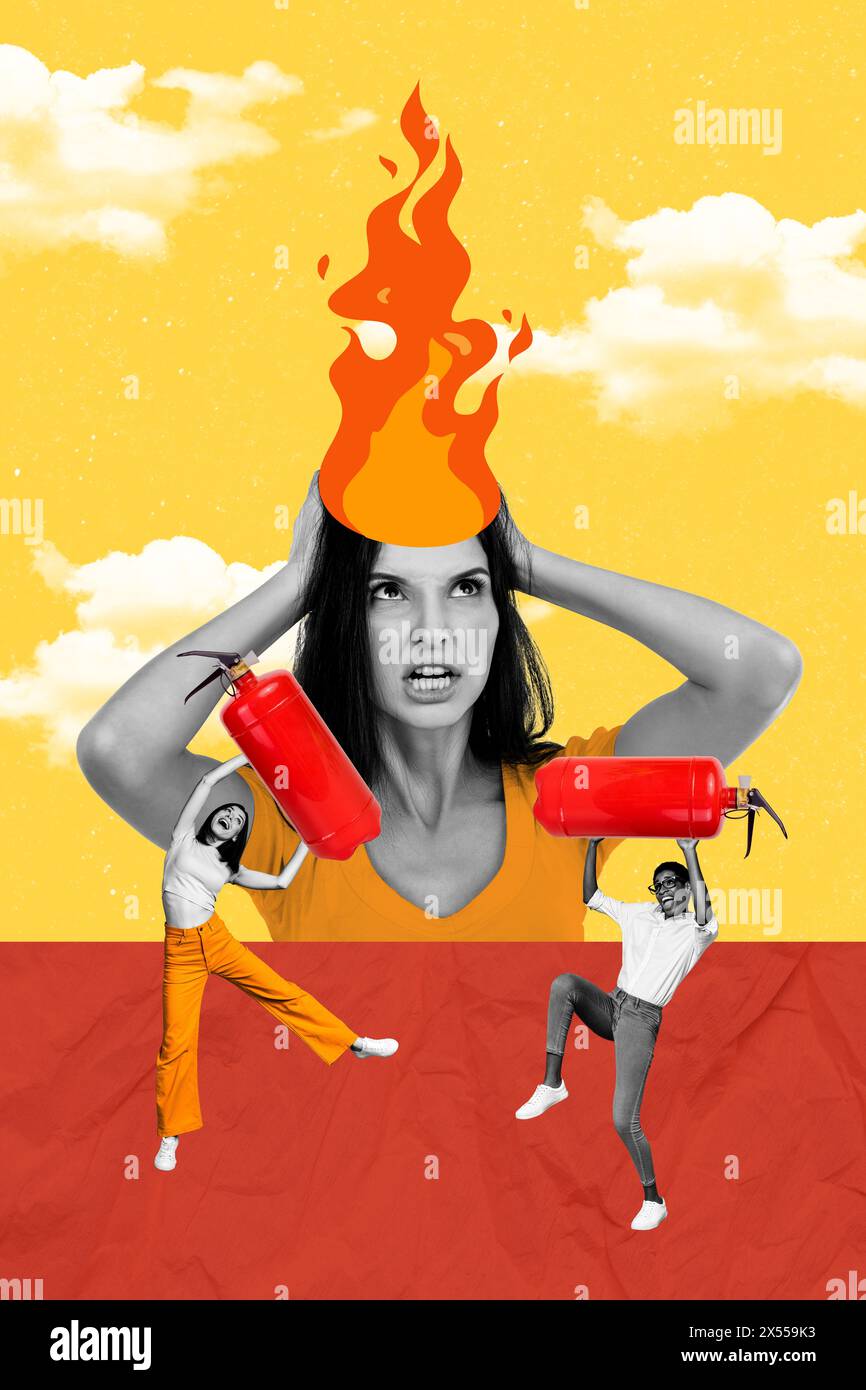 Trend artwork sketch 3D photo collage of young lady burnout flame hair ...