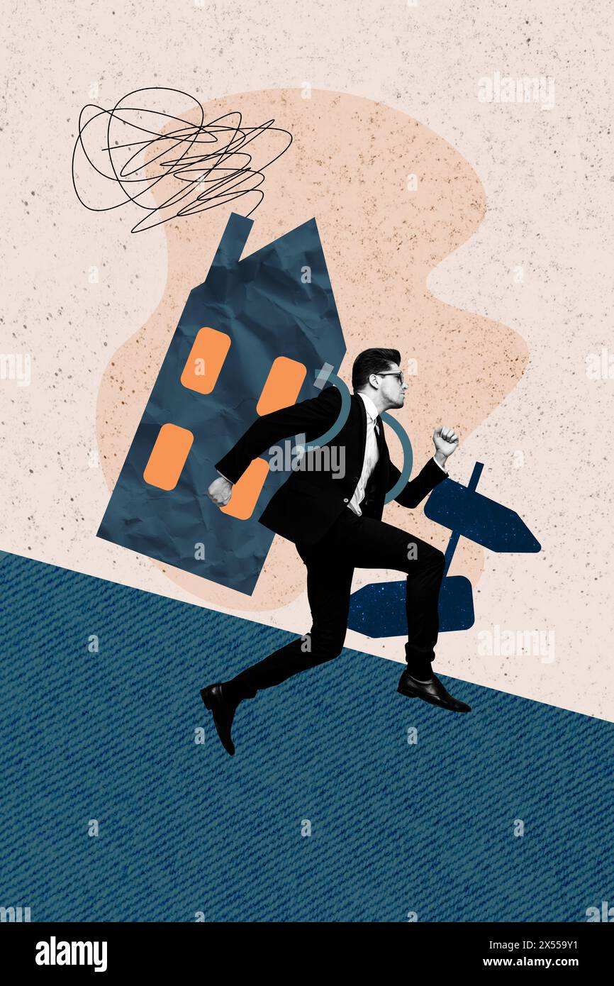 Vertical photo collage of run businessman hold backpack home relocation ...