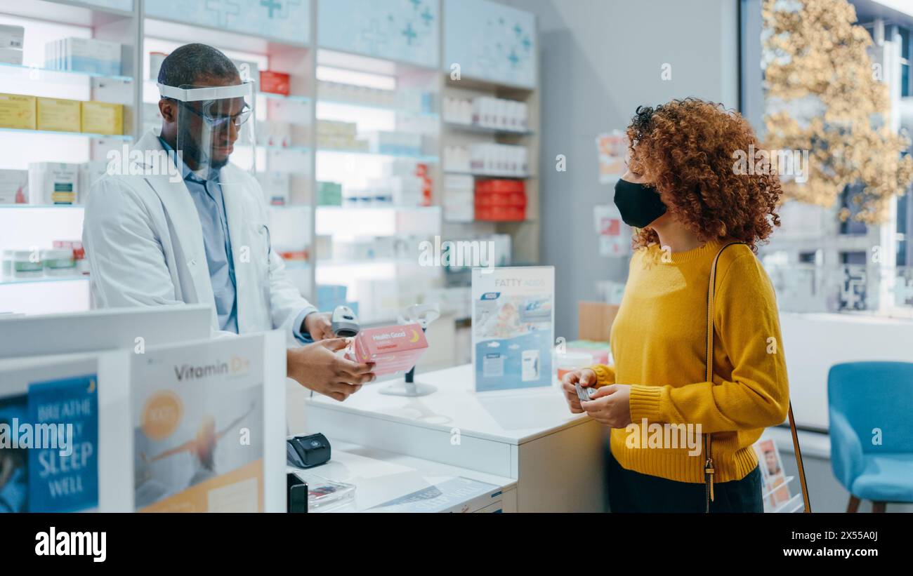 Pharmacy Drugstore Checkout Counter: Professional Black Pharmacist ...