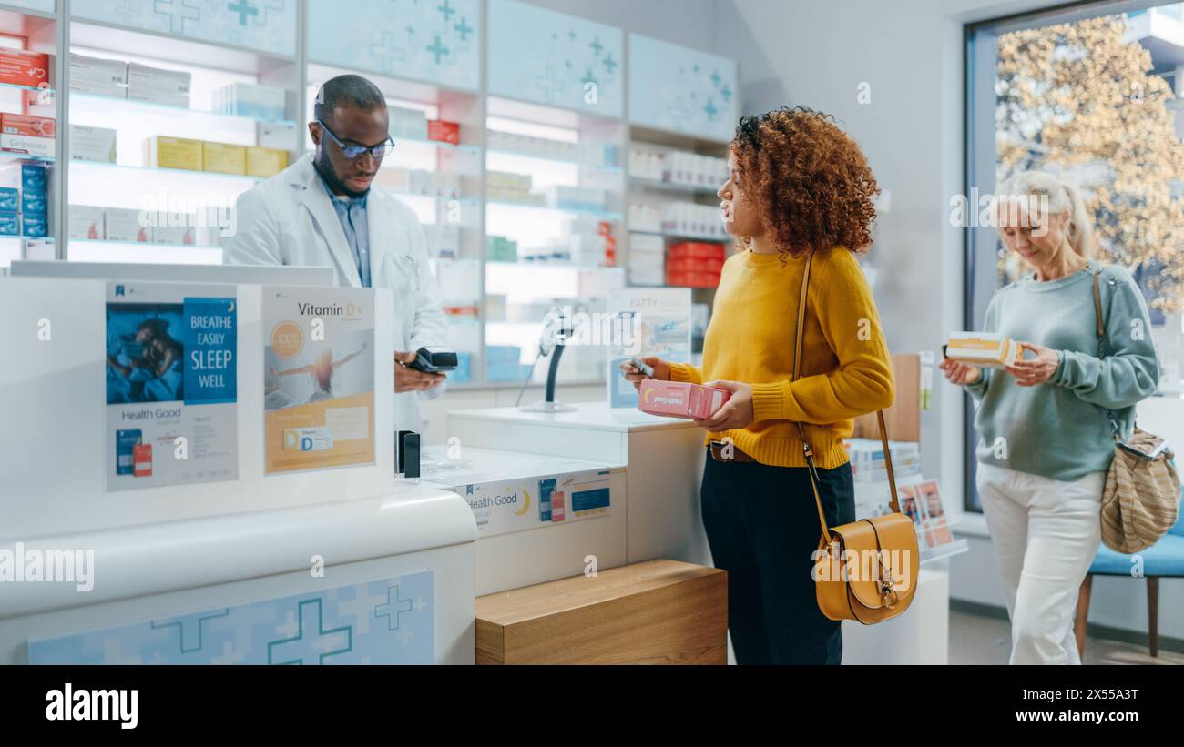 Pharmacy Drugstore Checkout Counter: Professional Black Pharmacist ...