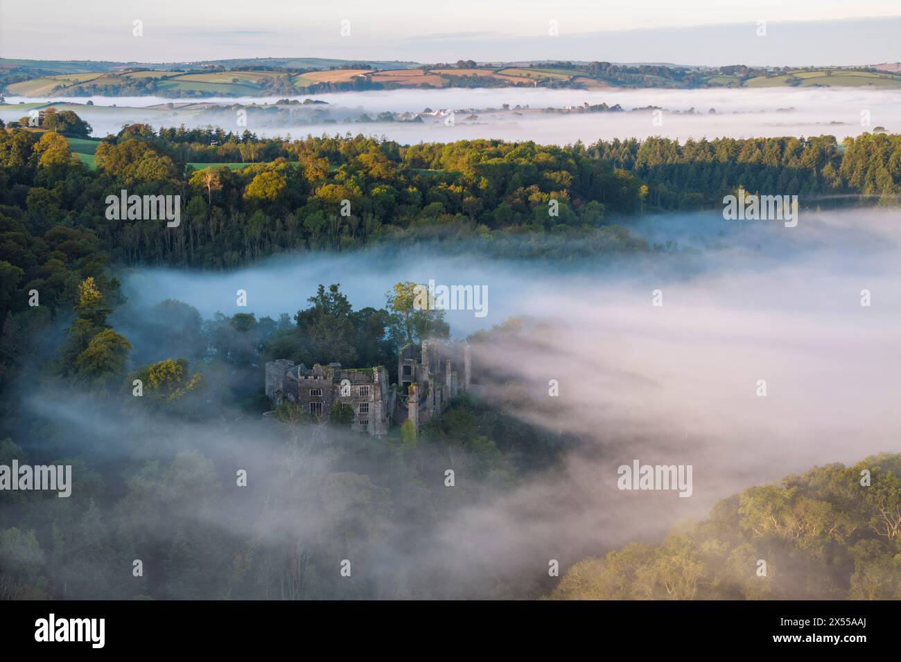 The ruins of Berry Pomeroy Castle emerging from swirling mist, South ...