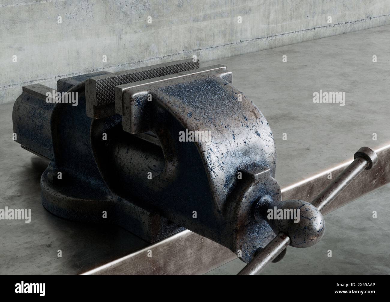 An industrial cast iron bench vice grip mounted on a metal workbench ...