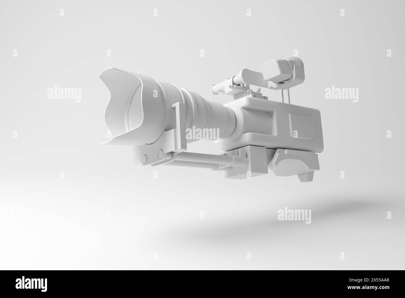 White professional video camera floating in mid air in monochrome and ...