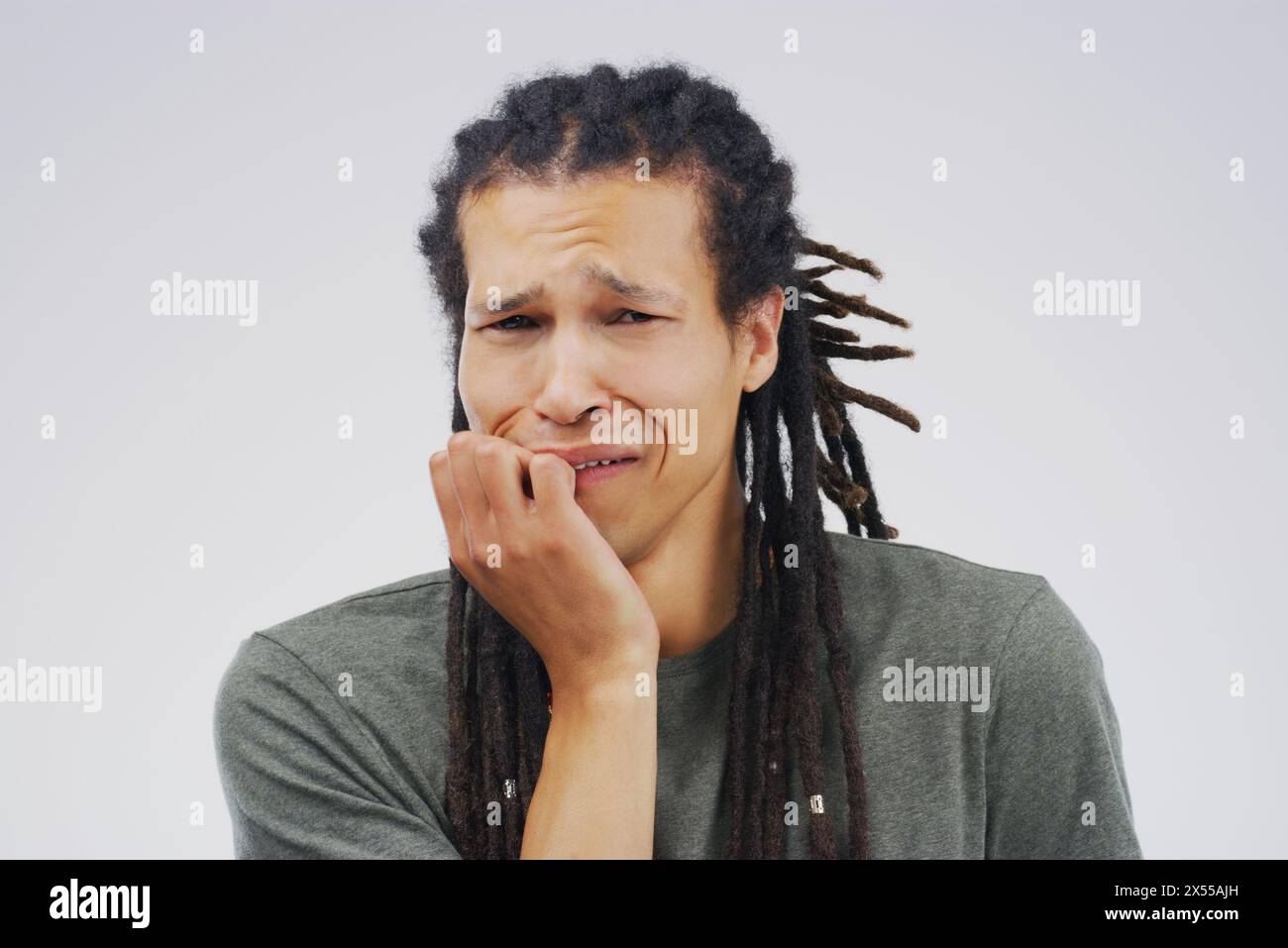 Crying, portrait and sad man in studio with depression, worry and ...