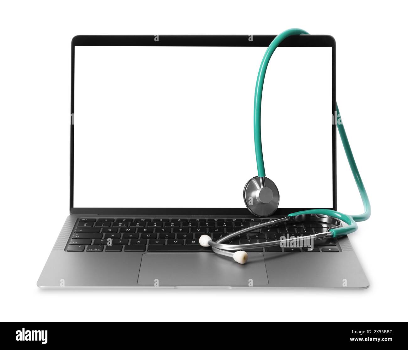 Modern laptop and stethoscope on white background Stock Photo - Alamy