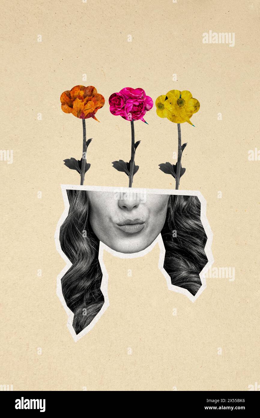Vertical photo image collage young lady face fragment half head flowers ...