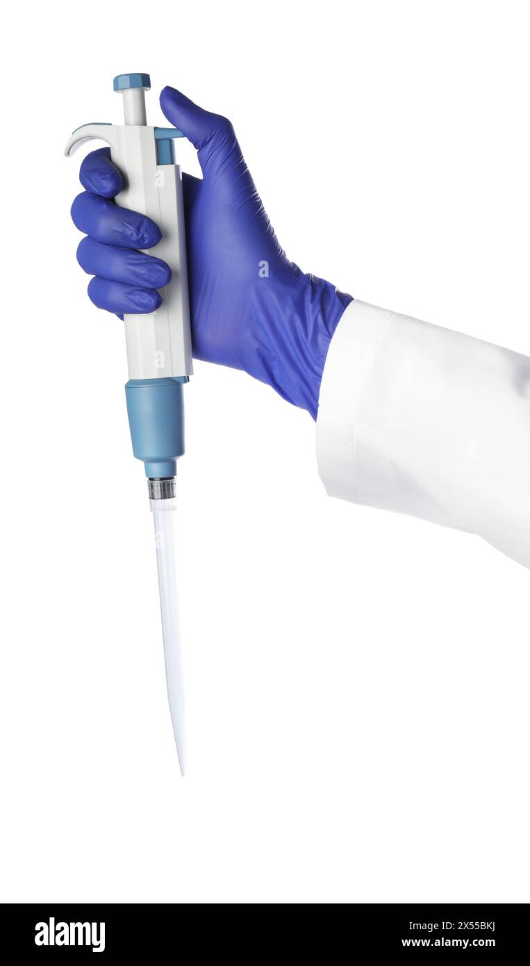 Laboratory analysis. Scientist holding micropipette on white background ...