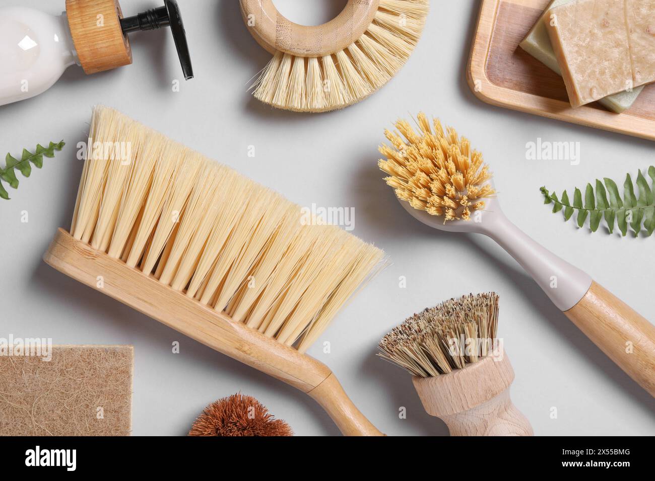 Cleaning brushes, soap, dispenser and fern leaves on grey background ...