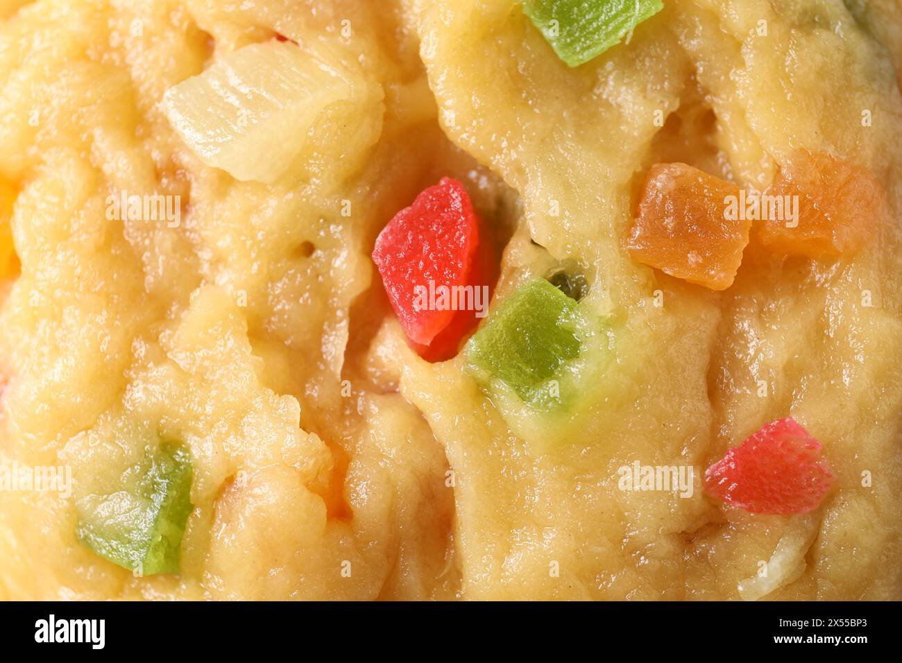 Texture of raw dough with candied fruits as background, top view Stock ...