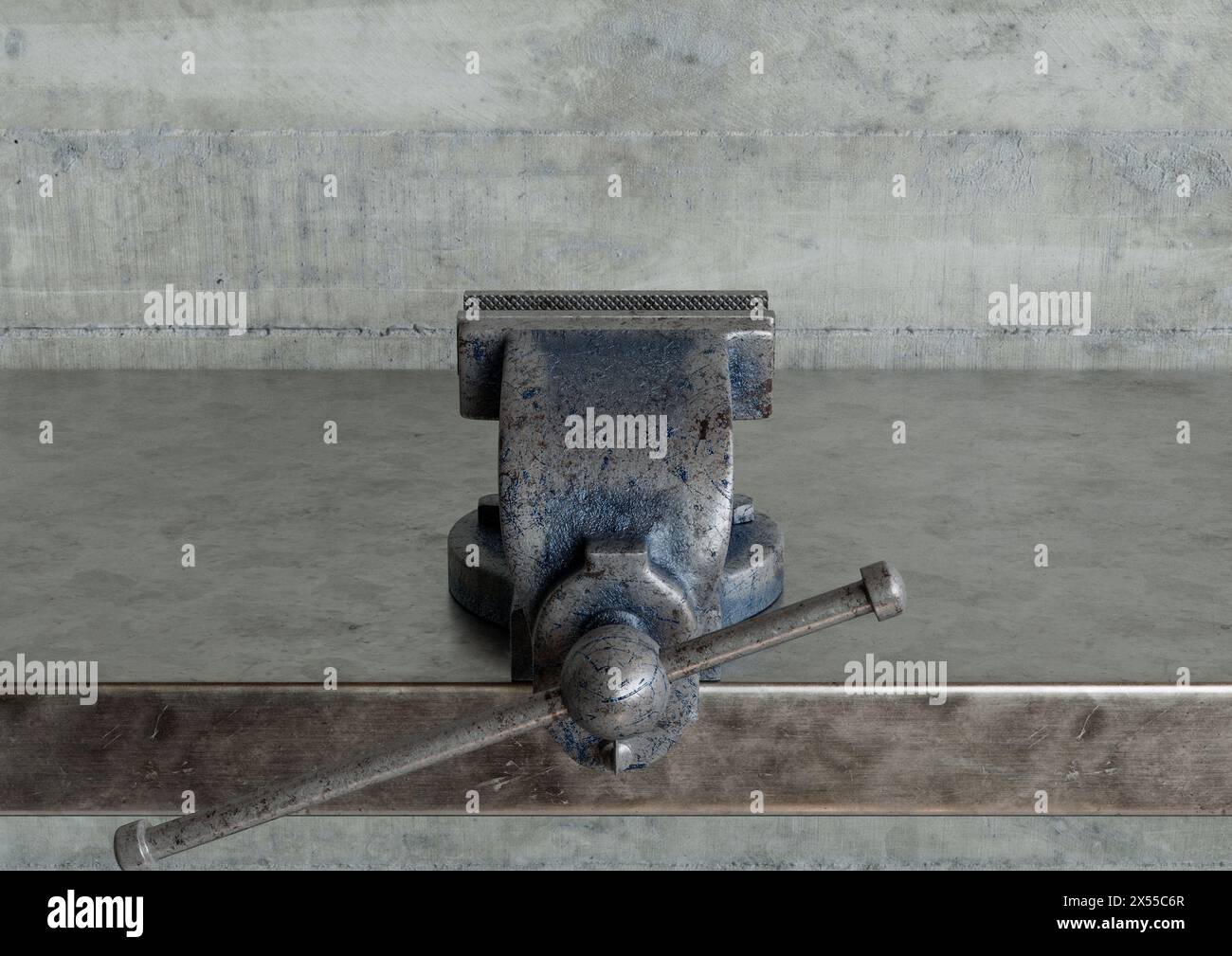 An industrial cast iron bench vice grip mounted on a metal workbench ...