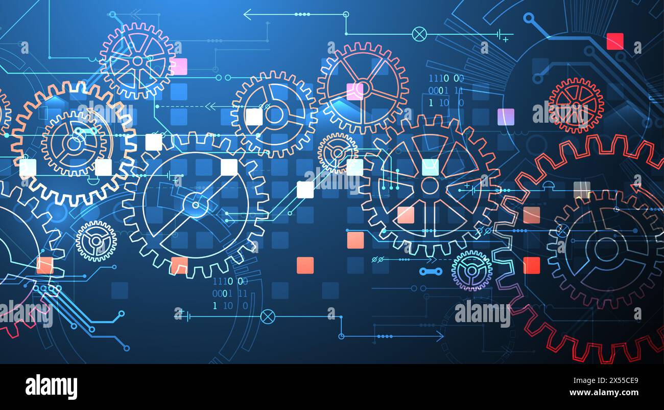 Gear wheel technology pattern on gradient background. Hand drawn vector ...